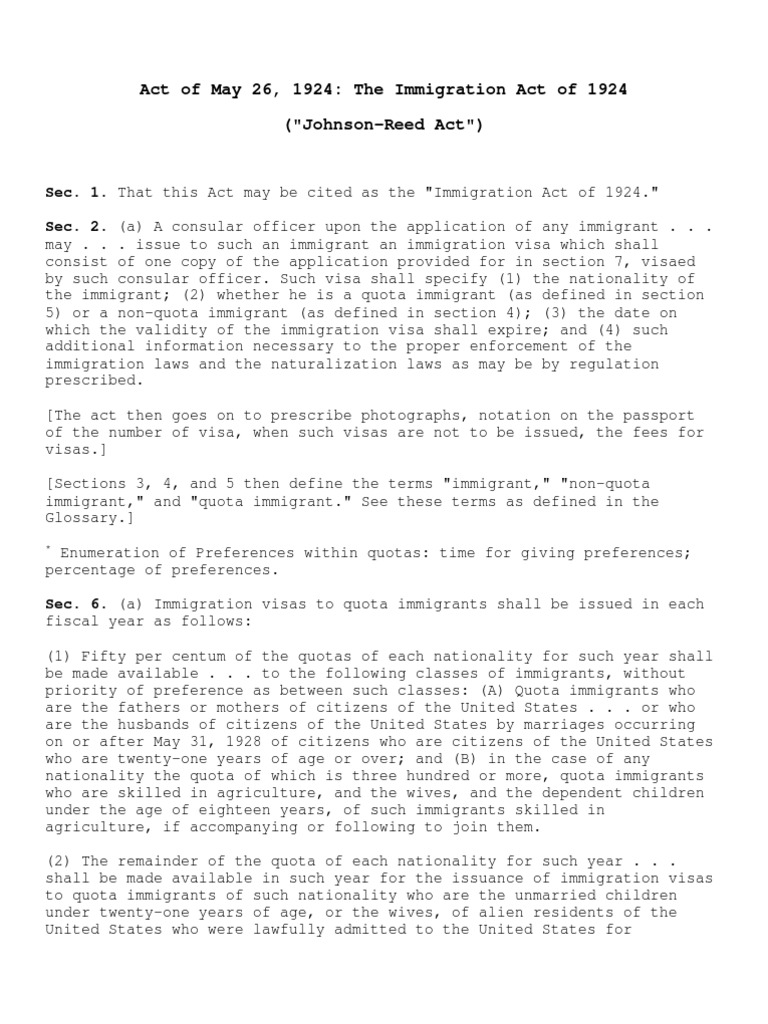 Act of May 26, 1924: The Immigration Act of 1924 ("Johnson-Reed Act ...