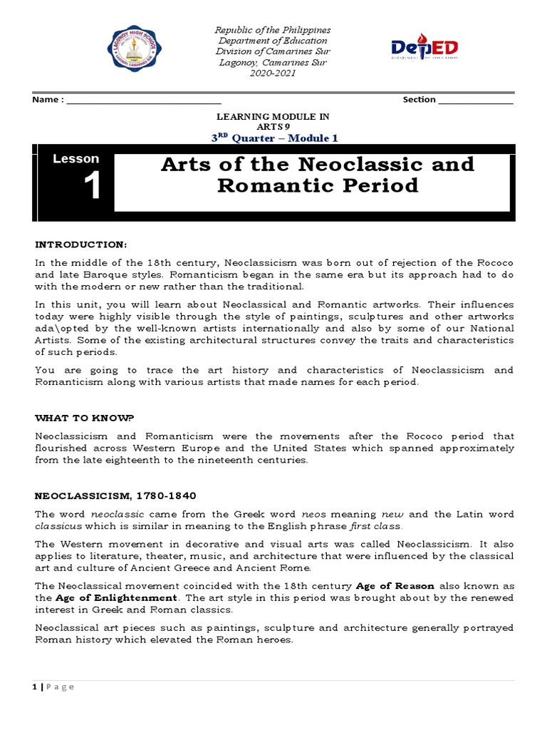 Arts - 9 - Quarter 3 Module 1 | PDF | Classicism | Romanticism
