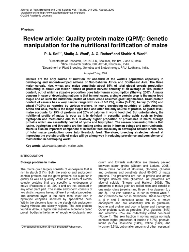 Review Article: Quality Protein Maize (QPM) : Genetic Manipulation For The Nutritional ...