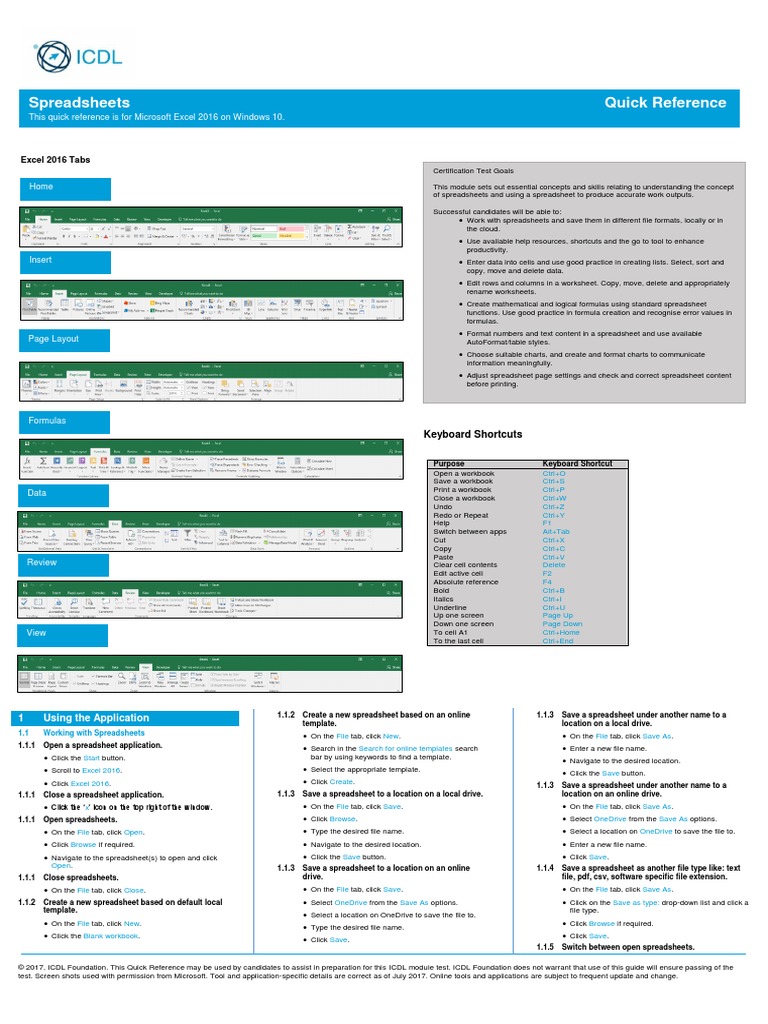 ICDL Spreadsheets QRG 2016 6.0 - v1.0 | PDF | Spreadsheet | Microsoft Excel