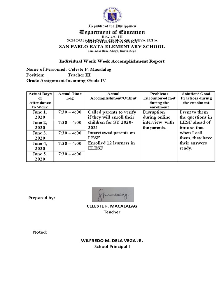 GRADE 3 Individual Work Week Accomplishment Report | PDF