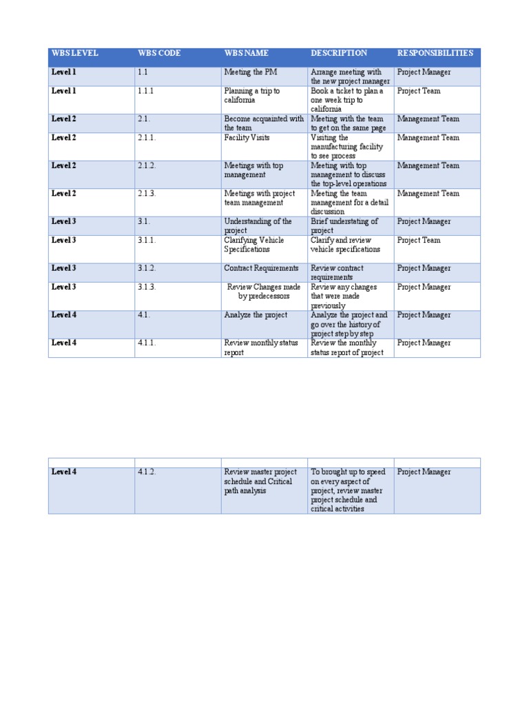 Wbs Level Wbs Code Wbs Name Description Responsibilities | PDF | Computing | Business