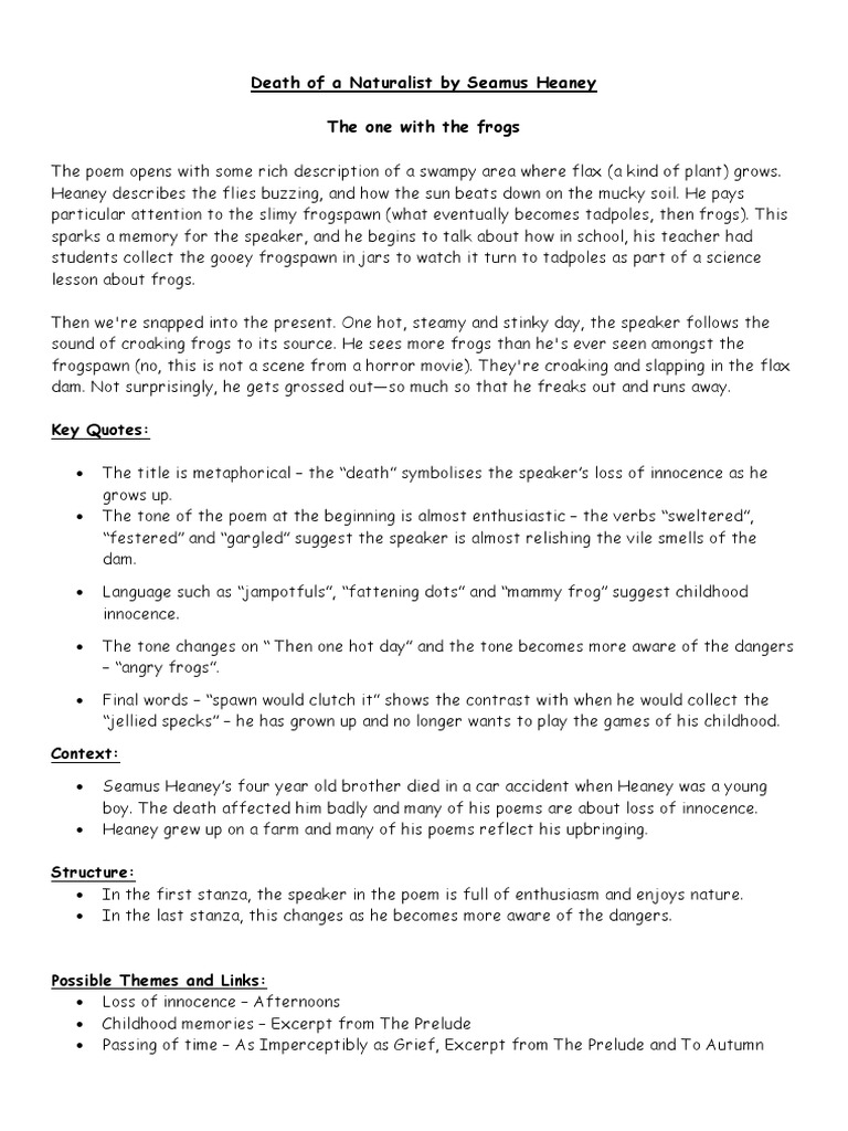 Death of A Naturalist by Seamus Heaney The One With The Frogs | PDF ...