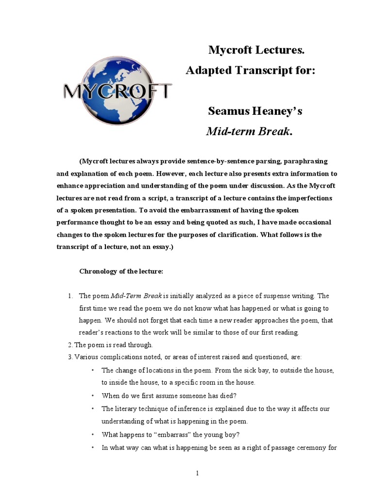 Mycroft Notes 1 Seamus Heaney Mid Term Break | PDF | Poetry | Rhyme