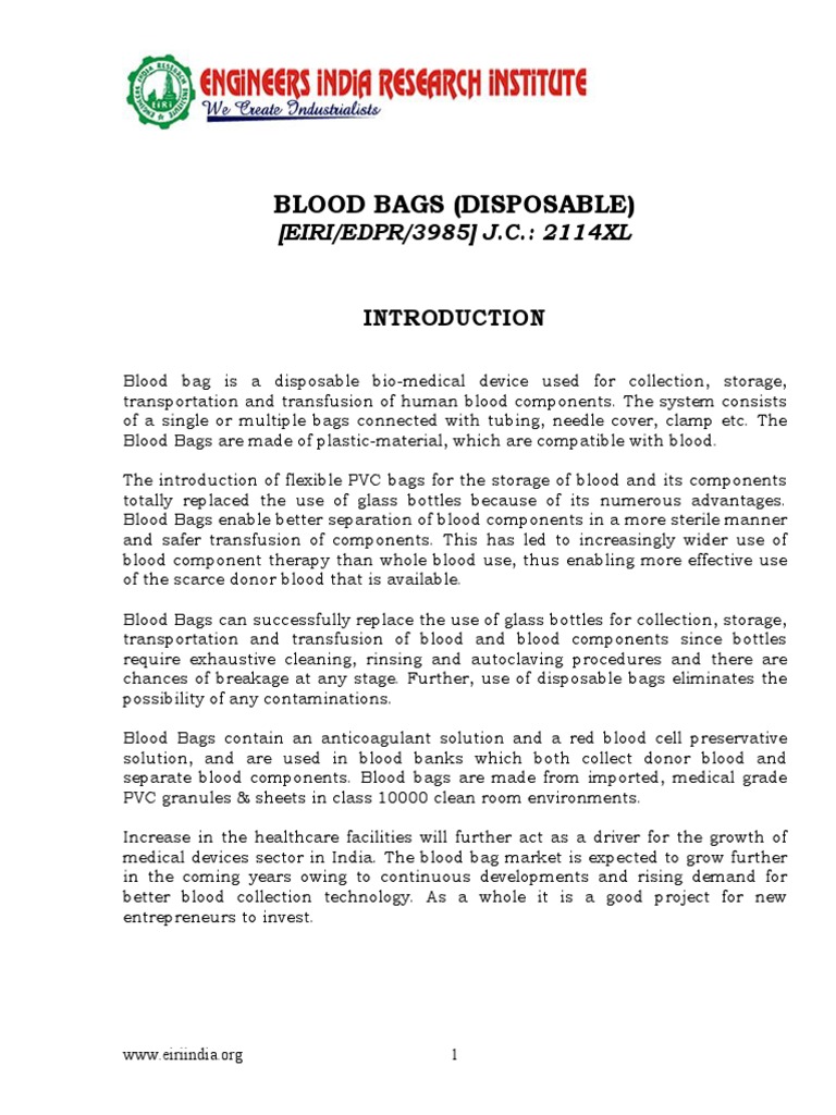 Project Report On Blood Bags (Disposable) | PDF | Blood Plasma | Blood