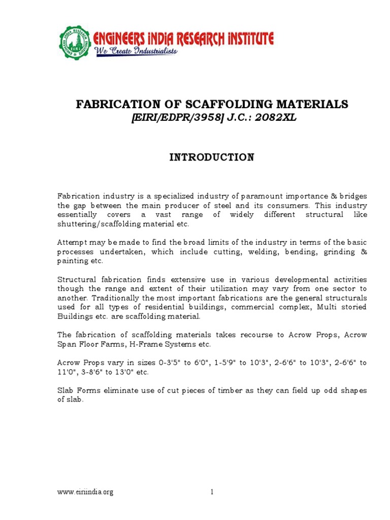 Scaffolding Materials Fabrication Guide | PDF | Scaffolding | Economic ...