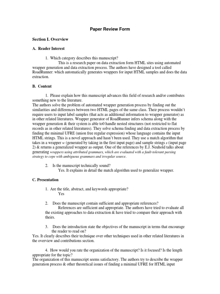 Paper Review Form Section I. Overview: A. Reader Interest | PDF | Html ...