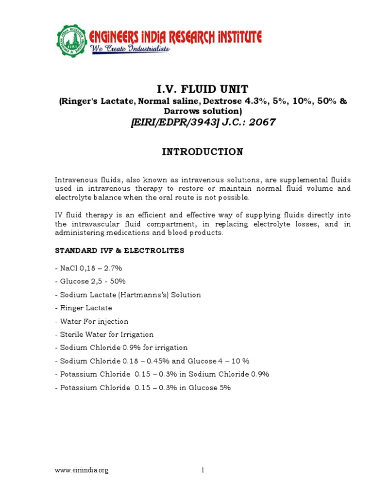 PROJECT REPORT ON I.V. FLUID UNIT (Ringer's Lactate, Normal Saline ...