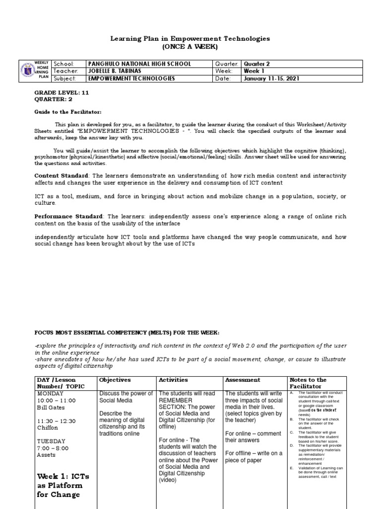 Learning Plan in Empowerment Technologies (Once A Week) : Guide To The ...