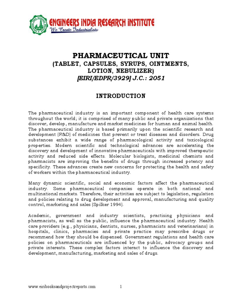 Project Report On Pharmaceutical Unit (Tablet, Capsules, Syrups ...