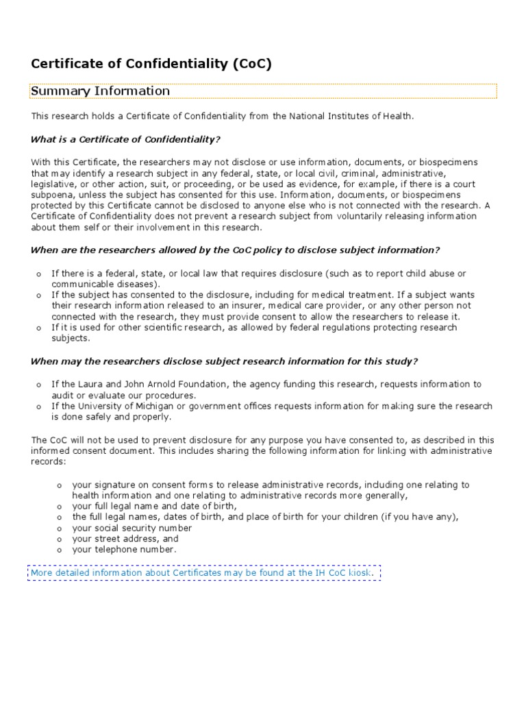 Certificate of Confidentiality (Coc) : Summary Information | Download ...