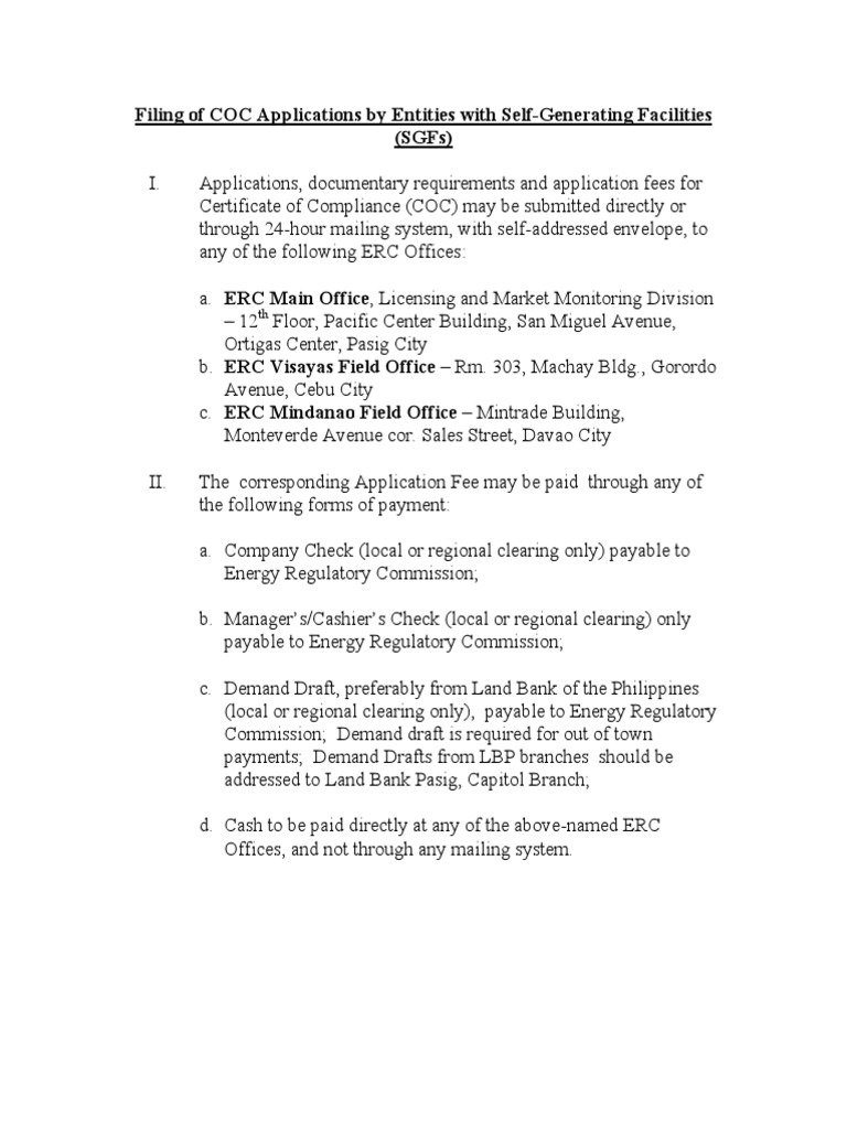 Filing of Coc Applications by Entities With Self-Generating Facilities ...