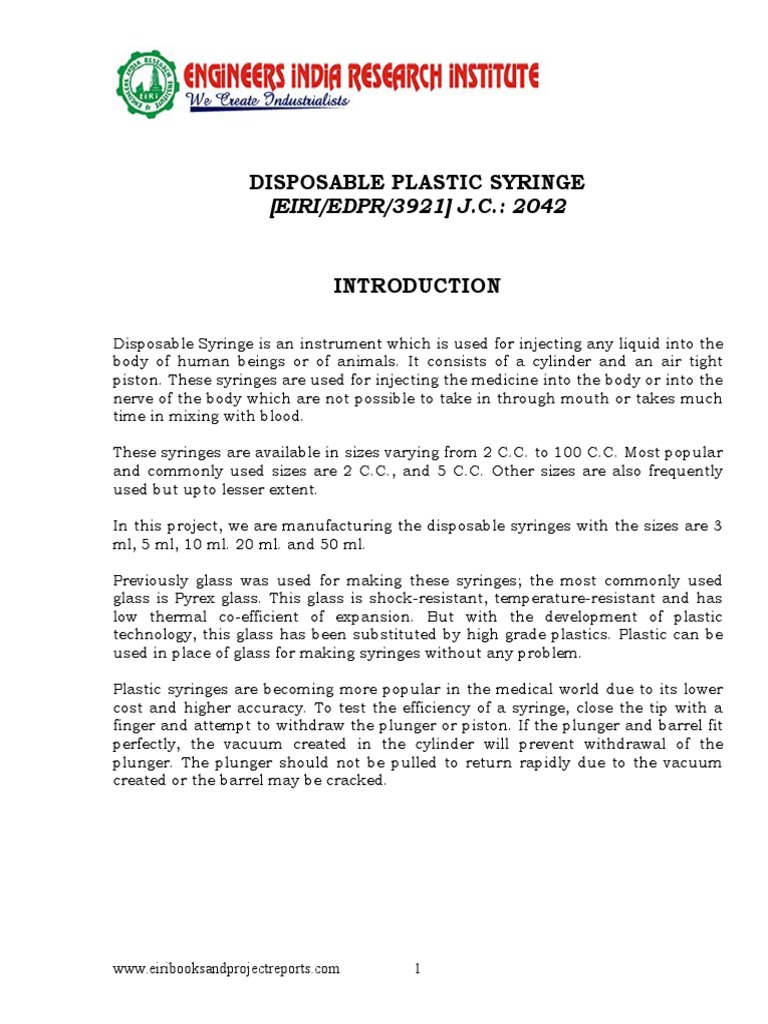 Project Report On Disposable Plastic Syringe | PDF | Syringe | Medicine