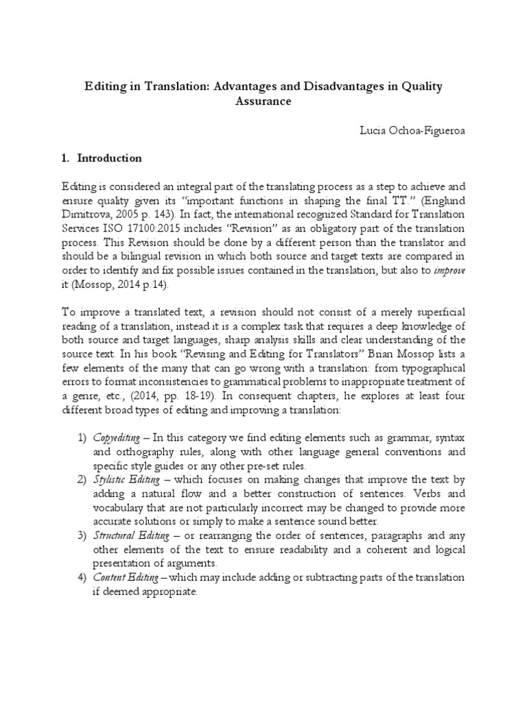 Editing in Translation: Advantages and Disadvantages in Quality ...