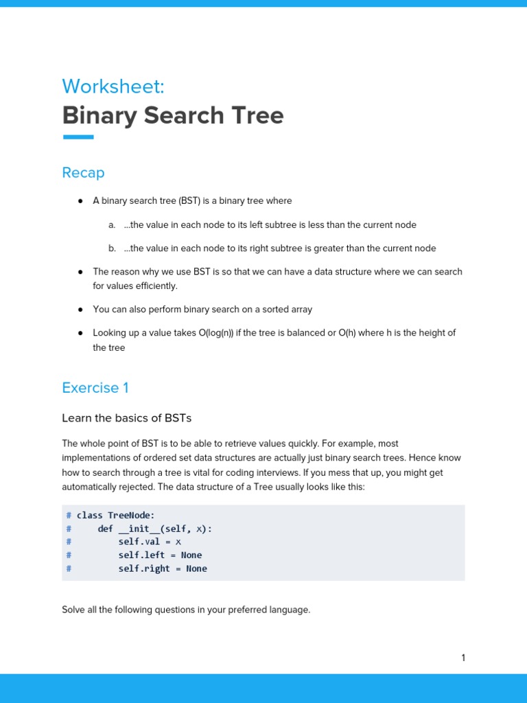 Worksheet Binary Search Tree | PDF | Algorithms And Data Structures ...