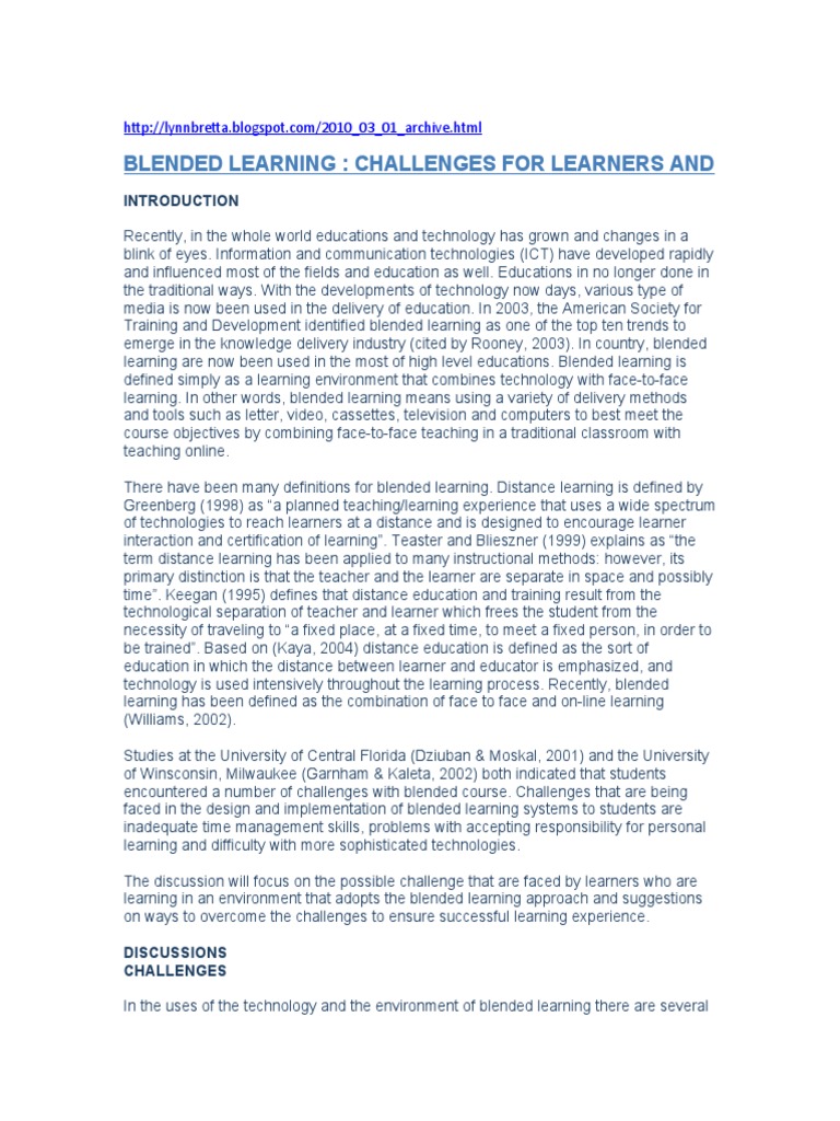 Blended Learning: Challenges For Learners and | PDF | Distance ...