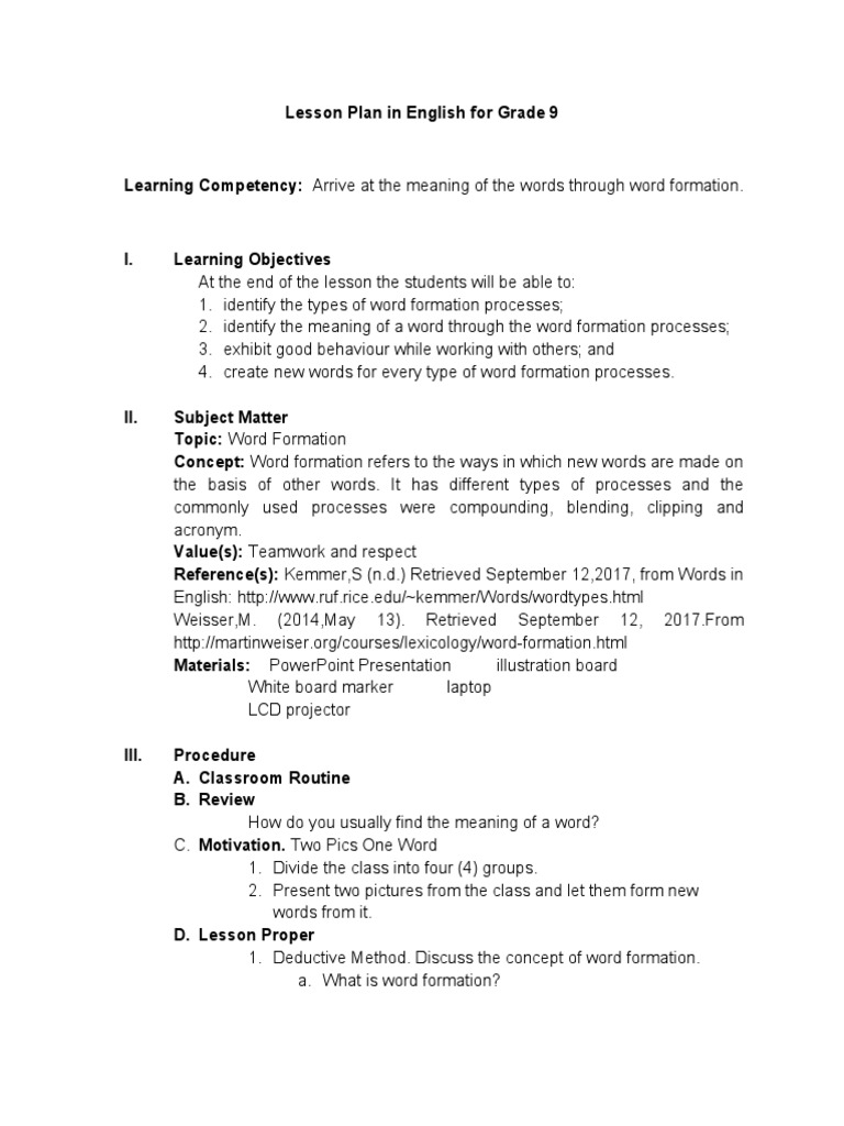 Lesson Plan Word Formation | PDF | Lesson Plan | Word