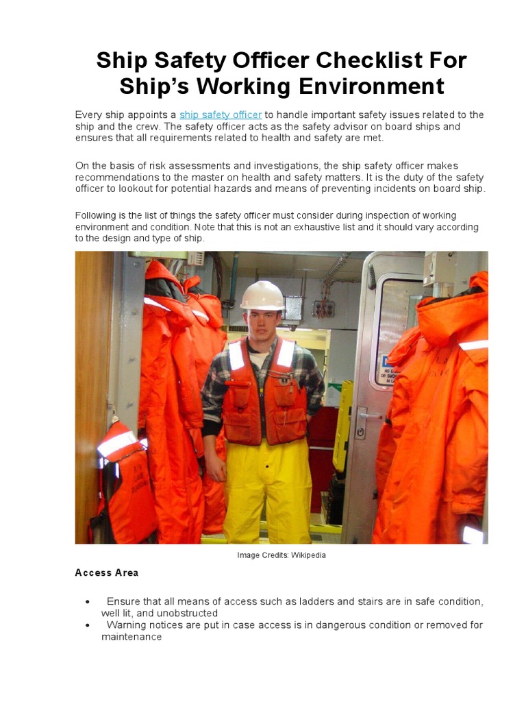 Ship Safety Officer Checklist For Ship's Working Environment | PDF ...
