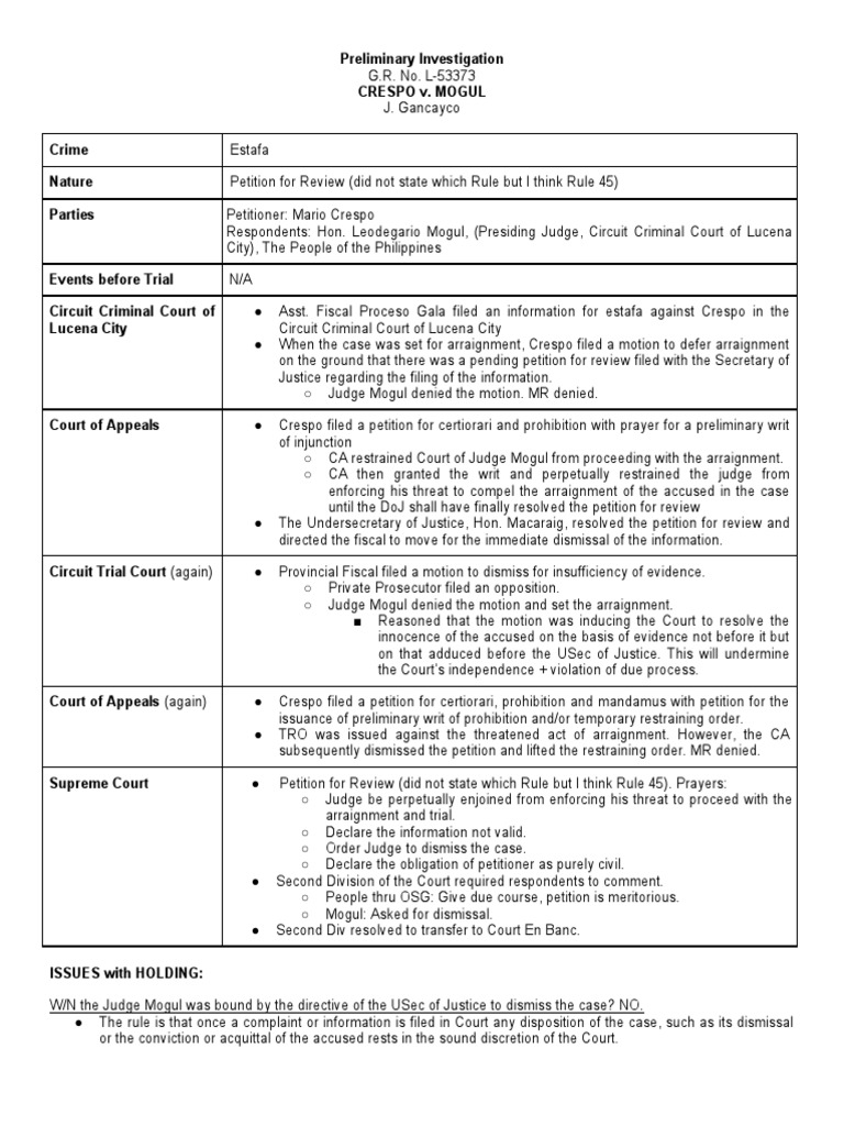 Preliminary Investigation Crespo V. Mogul | PDF | Prosecutor | Writ Of Prohibition