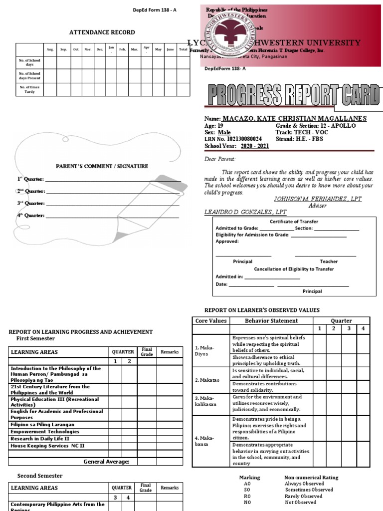 DepEd Form 138 Attendance and Report Card | PDF | Human Nature ...