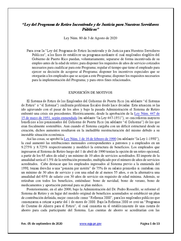 Ley Del Programa de Retiro Incentivado y de Justicia para Nuestros Servidores Públicos | PDF ...