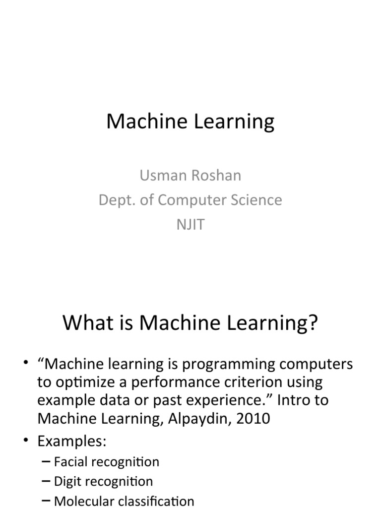 Machine Learning: Usman Roshan Dept. of Computer Science Njit | PDF ...
