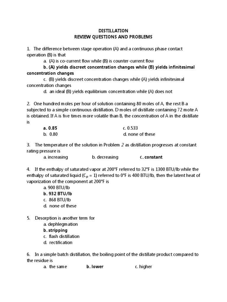 Distillation Review Questions and Problems | PDF | Distillation ...