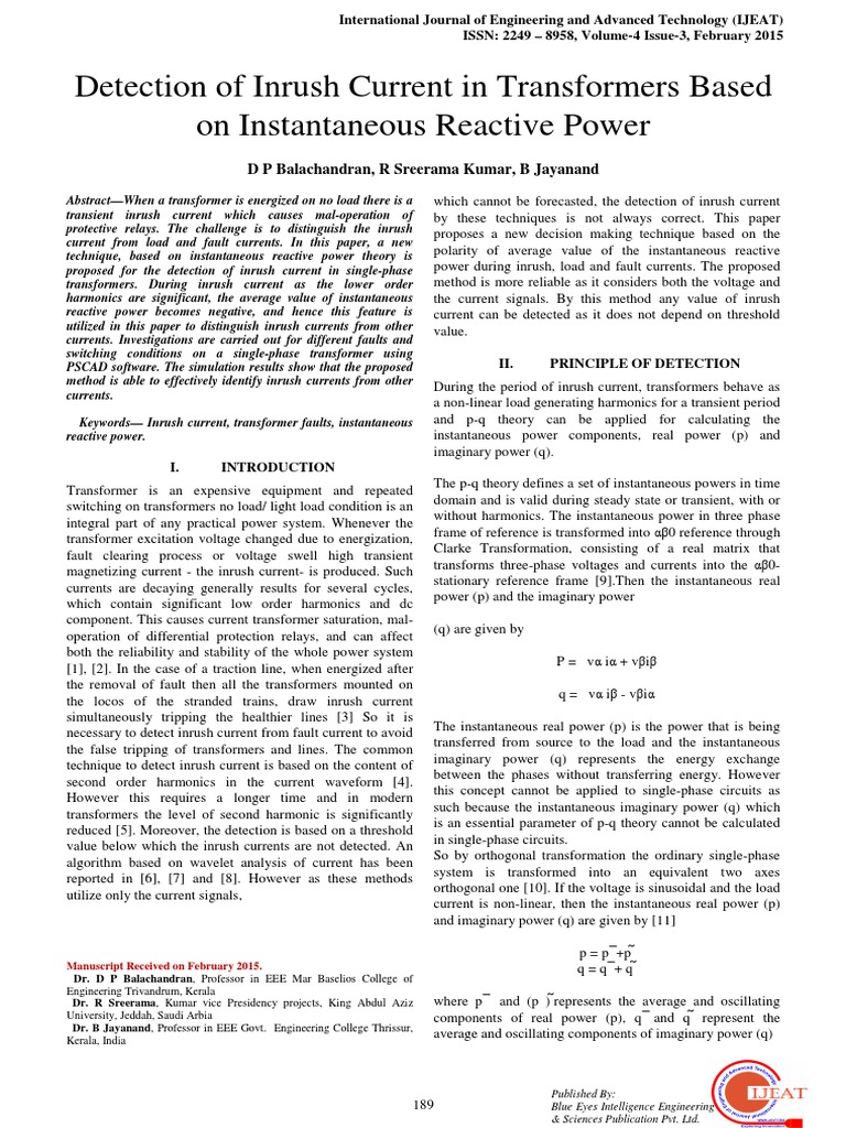 Detection of Inrush Current in Transformers Based On Instantaneous Reactive Power PDF | PDF | Ac ...