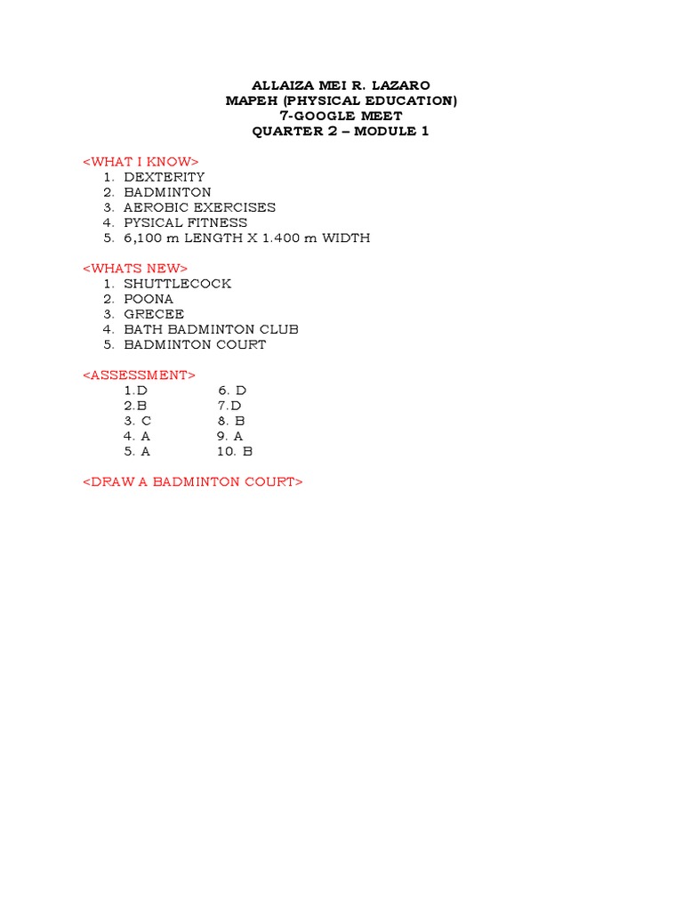 MAPEH (Physical Education) (Quarter 2, Module 1) Grade 7 Answer Key | PDF