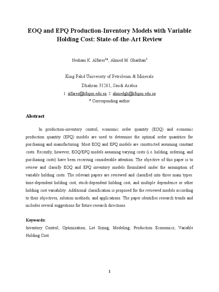 Review of EOQ and EPQ Models with Variable Costs | PDF | Mathematical Optimization | Inventory