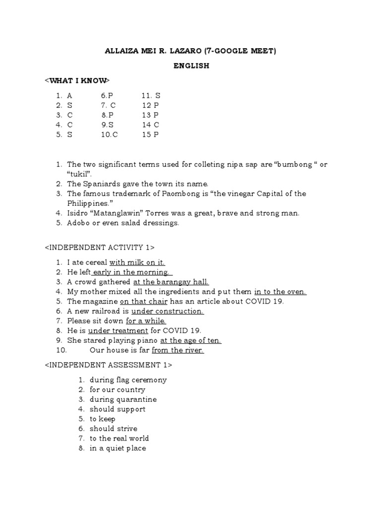 English 7 (Quarter 2, Module 1) Answer Key | PDF | Sentence ...