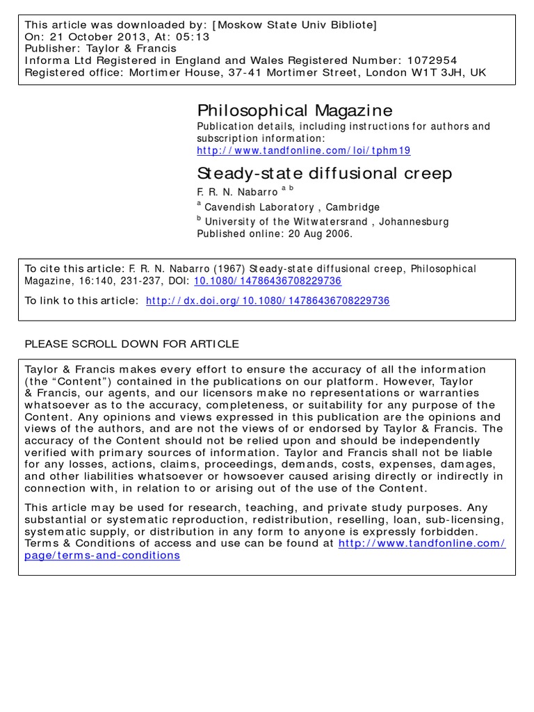 1967 Nabarro Steady State Diffusional Creep | PDF | Creep (Deformation) | Dislocation