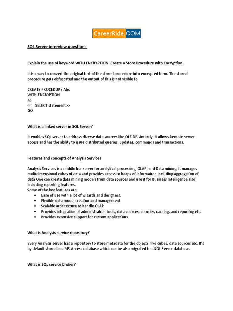 SQL Server Interview Questions: Explain The Use of Keyword WITH ...