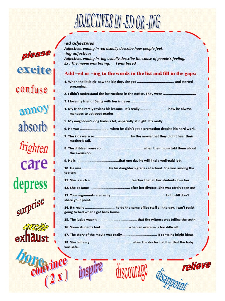 Ed Adjectives: Add - Ed or - Ing To The Words in The List and Fill in ...