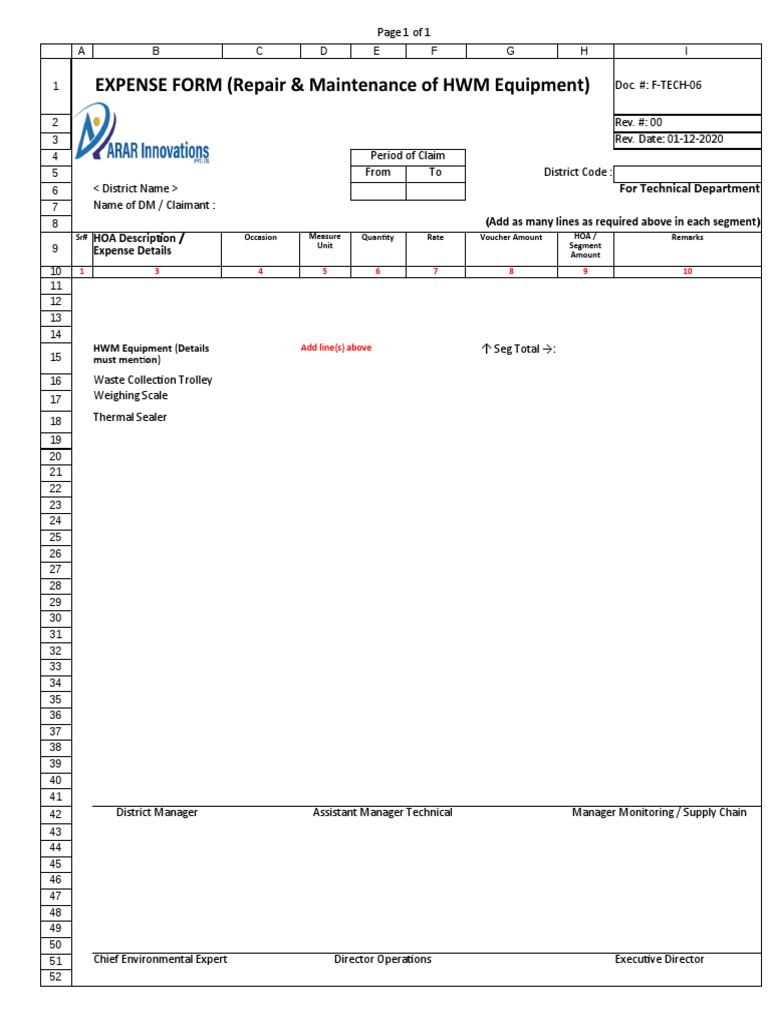 (F-TECH-06) Expense Form For Repair & Maintenance of HWM Equipment | PDF