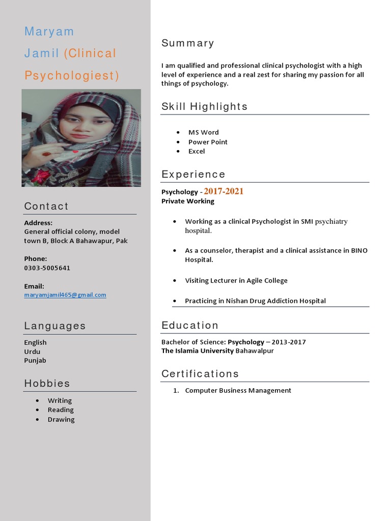(Clinical Psychologiest) : Maryam Jamil | PDF
