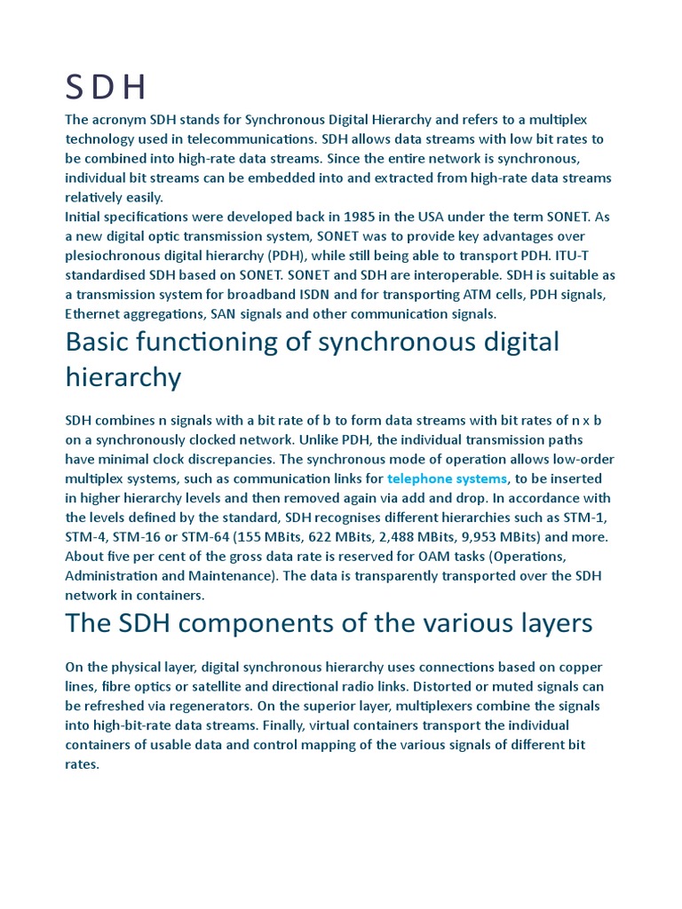 Basic Functioning of Synchronous Digital Hierarchy: Telephone Systems | PDF