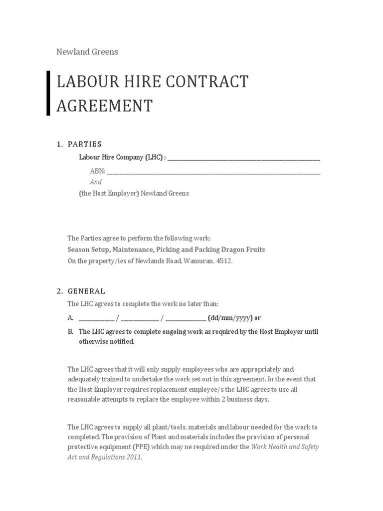 Labour Hire Contract Agreement: Newland Greens | PDF | Employment ...