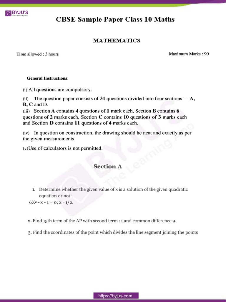 CBSE Class 10 Maths Sample Paper Set 2 PDF | PDF | Circle | Quadratic ...