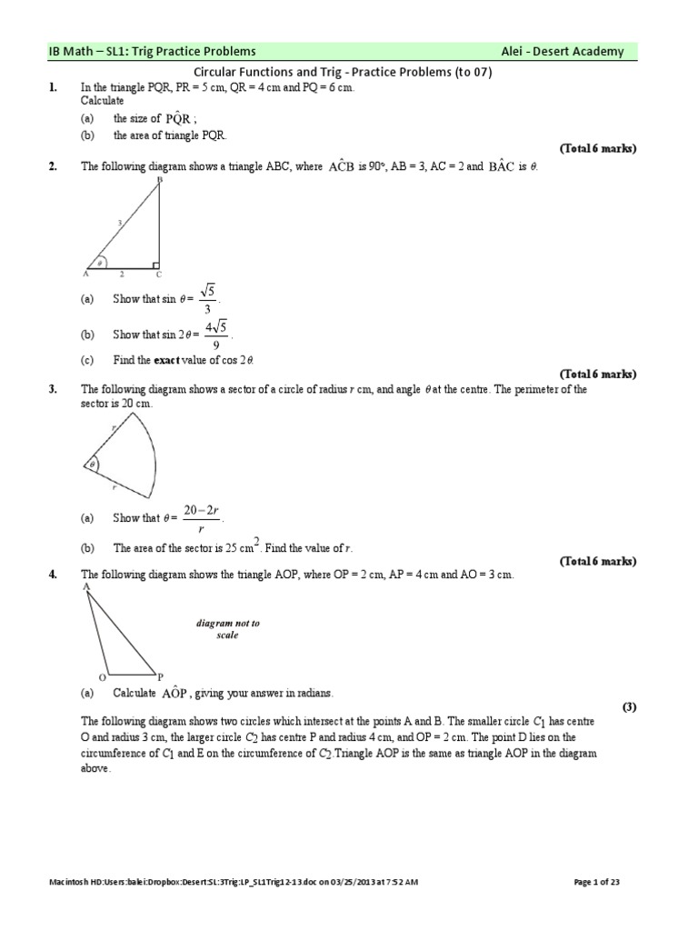 IB Math - SL1: Trig Practice Problems Alei - Desert Academy Circular ...
