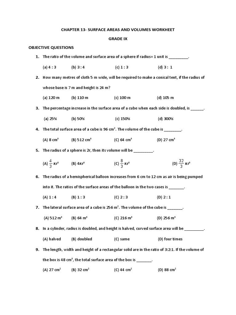Grade 9 Surface Area and Volume Worksheet | PDF | Volume | Area