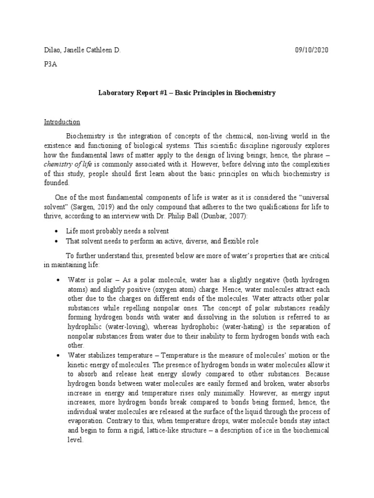 Laboratory Report #1 - Basic Principles in Biochemistry | PDF ...