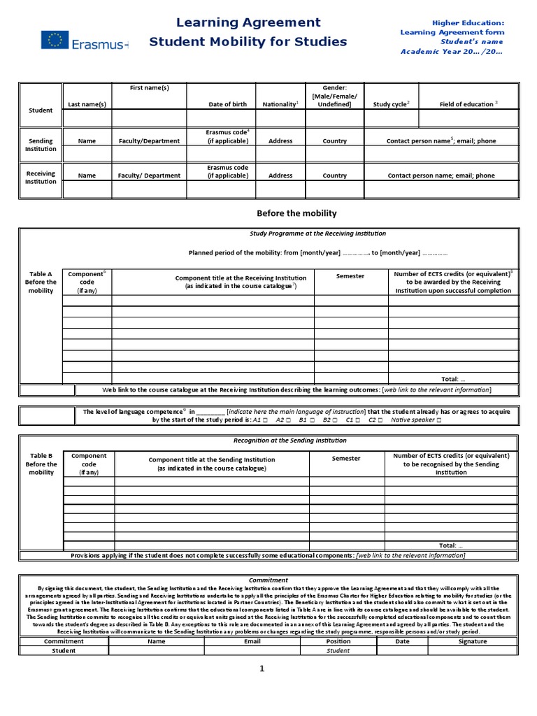 Erasmus+ Learning Agreement Template | PDF | Academic Degree | Master's ...