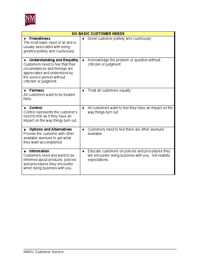 Six Basic Customer Needs | PDF