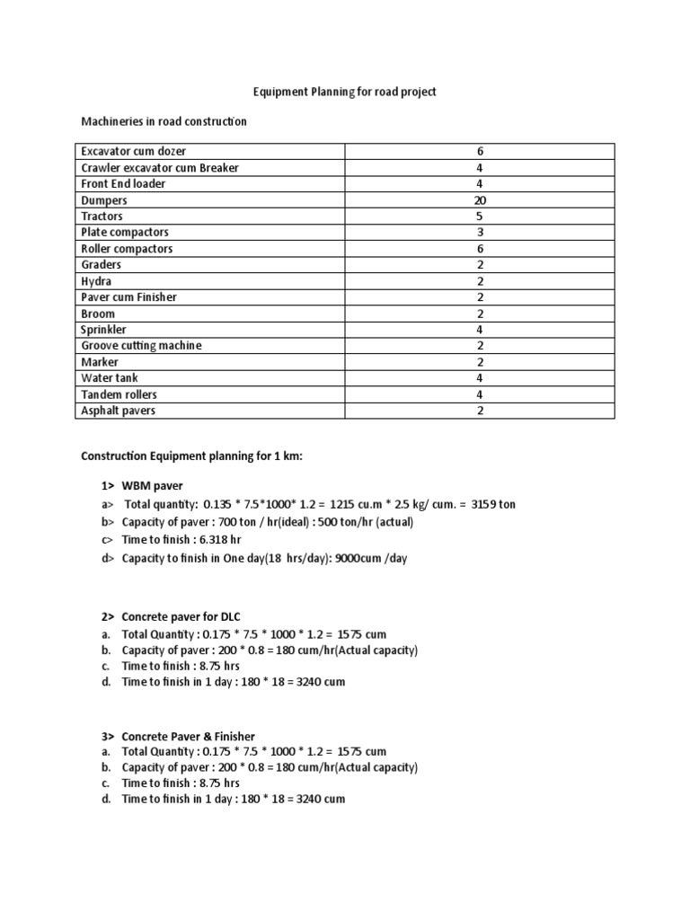 Equpment Planning For Road Project | PDF | Vehicles | Industrial Equipment