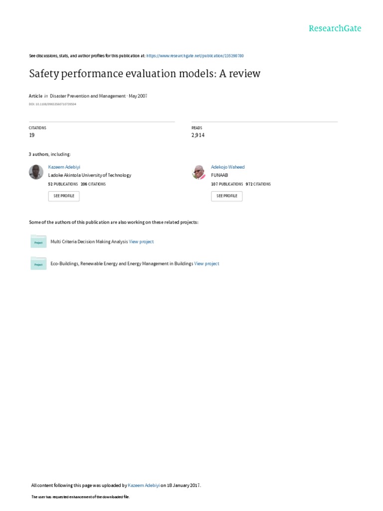 Safety Performance Evaluation Models: A Review: Disaster Prevention and ...
