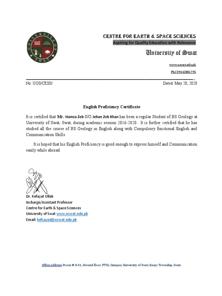 Hamza Zeb English Proficiency Latter | PDF