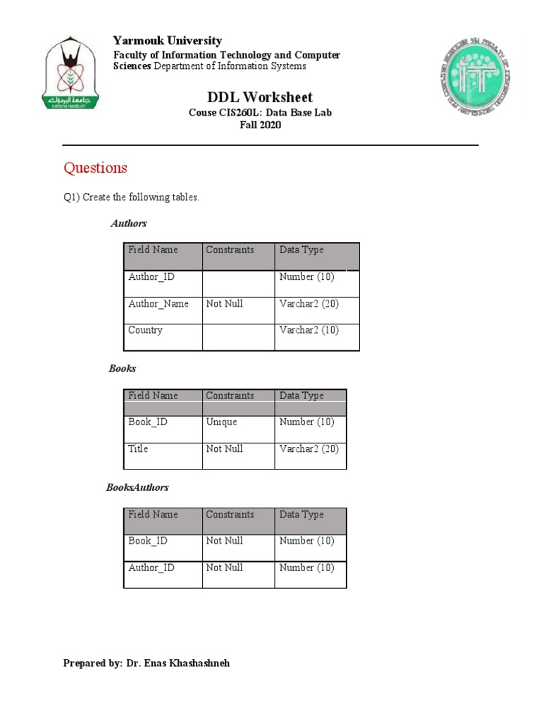 Questions: DDL Worksheet | PDF | Databases | Information Retrieval