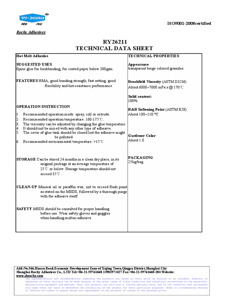 RY26211 Technical Data Sheet: Rocky Adhesives | PDF | Adhesive | Procedural Knowledge