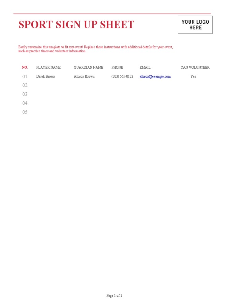 Sport Sign Up Sheet: Player Name Guardian Name Phone Email Can ...